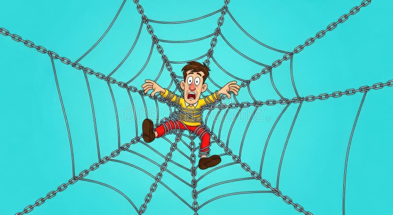 Man Trapped in a Chain Web, Cartoon Illustration Stock Illustration ...
