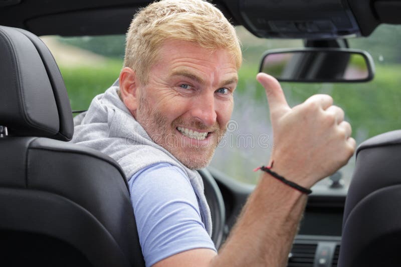 Man Traveler Showing Thumb Up Inside Car Stock Image - Image of license ...