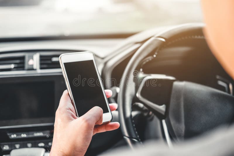 Man Traveler Using Smart Phone at Car Inside Stock Image - Image of ...