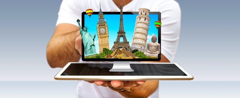 Man Travelling the World with His Computer Stock Illustration ...
