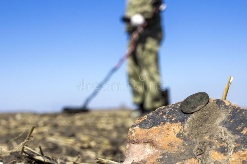 Man on a Treasure Hunt with a Metal Detector in the Woods on the Field ...