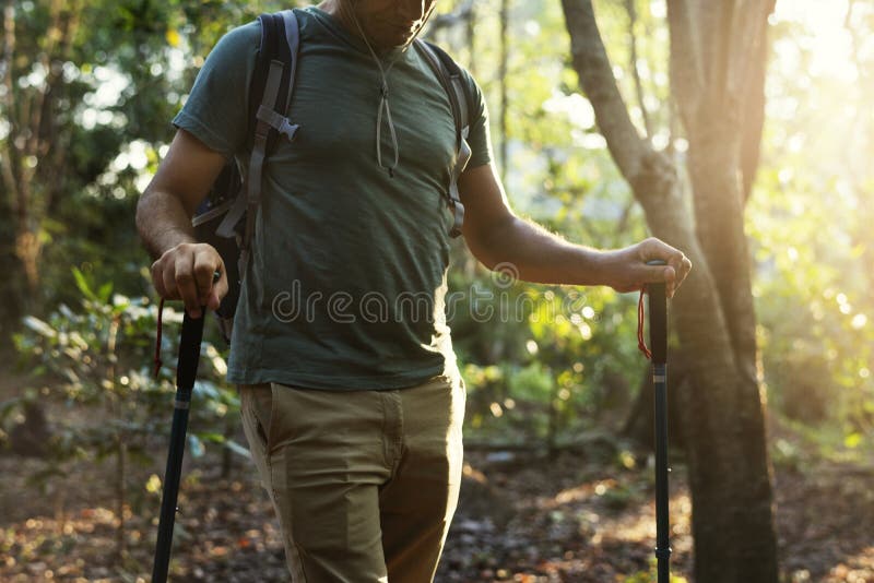 Man trekking in a forest stock photo. Image of challenge - 107856938