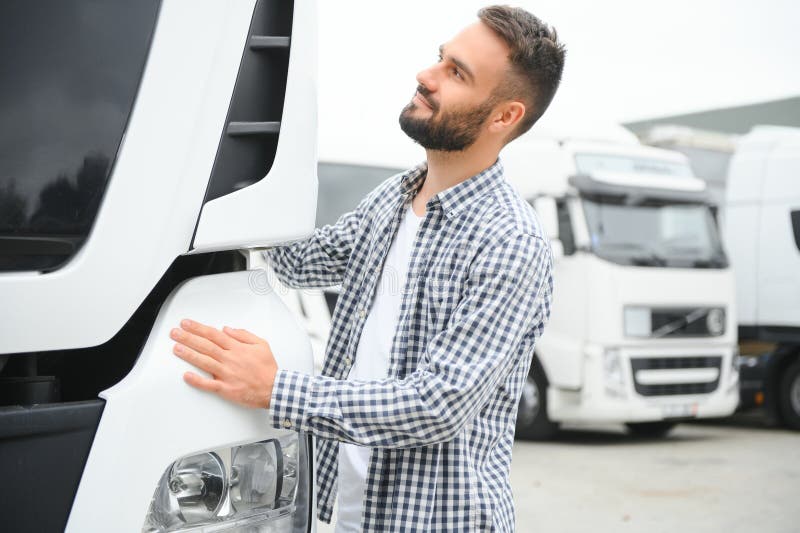 Man Trucker Hugging His Truck Stock Image - Image of male, logistics ...