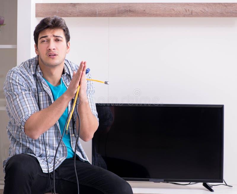 Man Trying To Fix Broken Tv Stock Image - Image of amateur, electric ...