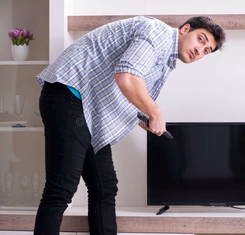 Man Trying To Fix Broken Tv Stock Image - Image of malfunction ...