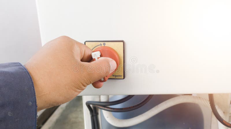 The Man Turning on Main Switch on Panel Control. Stock Photo - Image of ...