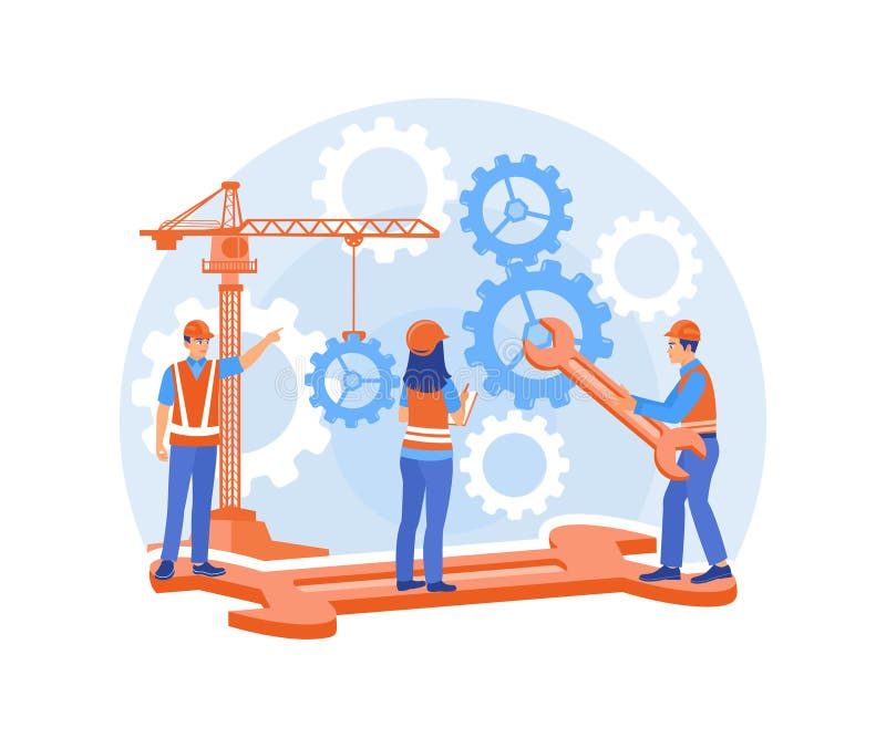 A Man Turns a Gear Using a Screwdriver. Construction Workers are ...