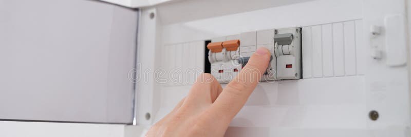 Man Turns on Toggle Switch with Hand Closeup Stock Image - Image of ...