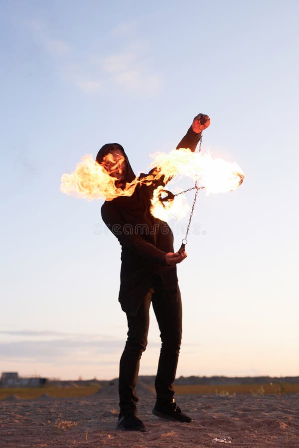 Man Twirling Fire during Fire Show Stock Image - Image of element ...