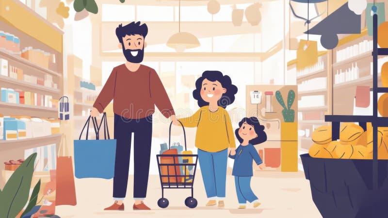 A Man and Two Children are Shopping in a Store Stock Illustration ...