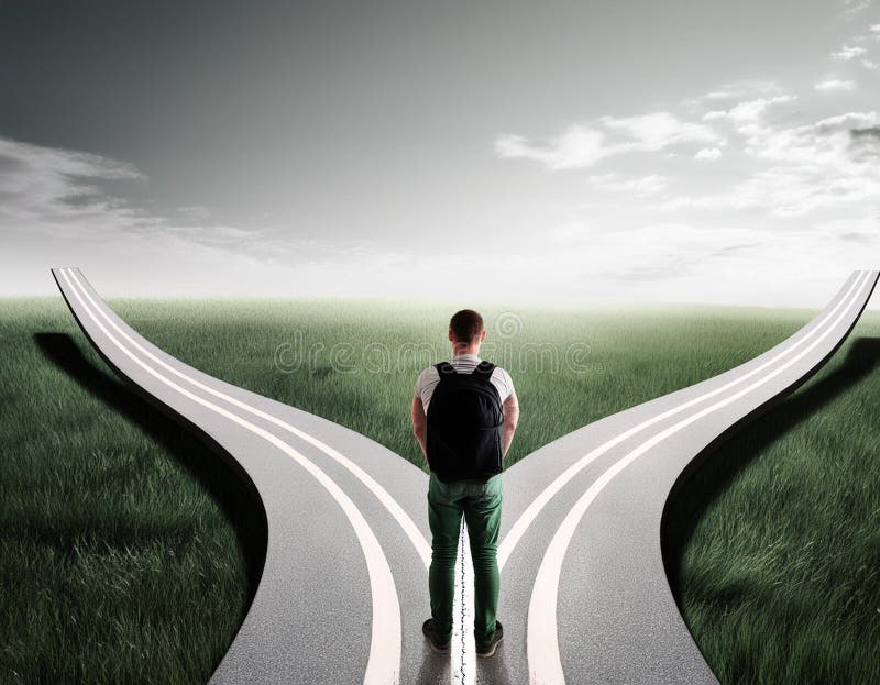 Man at Two Roads Deciding Back View. Generative AI Stock Illustration ...