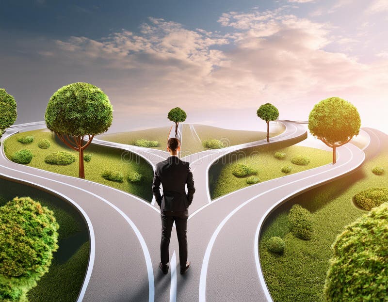 Man at Two Roads Deciding Back View. Generative AI Stock Illustration ...