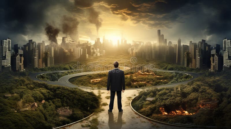 Man at Two Roads Deciding for Best Chance of Environment Protection ...