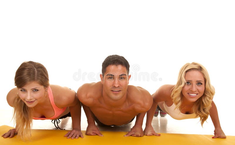Man and Two Women Front View Push Ups Stock Photo - Image of sportswear ...