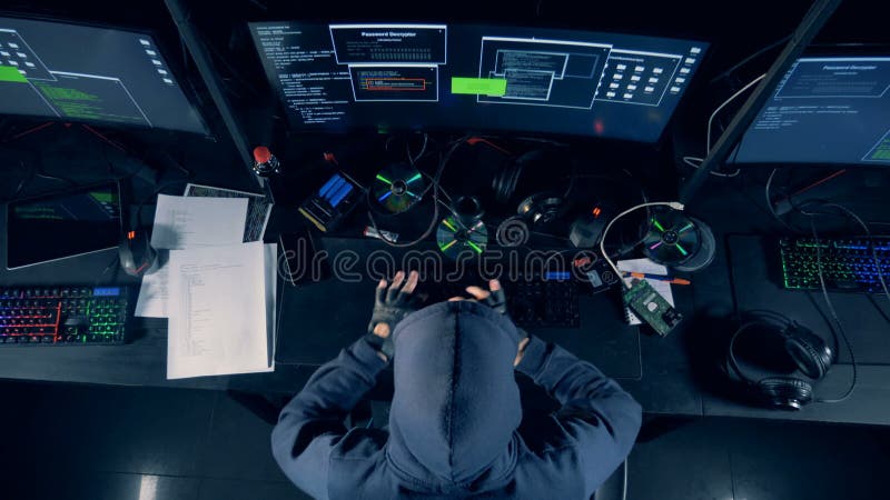 Man Types on a Keyboard while Cracking System, Top View. Cybercrime ...
