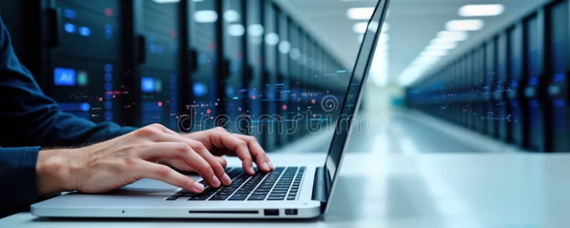 Man Types on Laptop in Data Center. Hands Type on Keyboard. Person ...