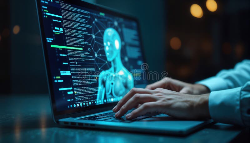 Man Types on Laptop Screen Displaying Tech Code, AI Model. Person Uses ...