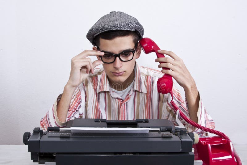 Man with Typewriter at Work Stock Image - Image of phone, conceptual ...