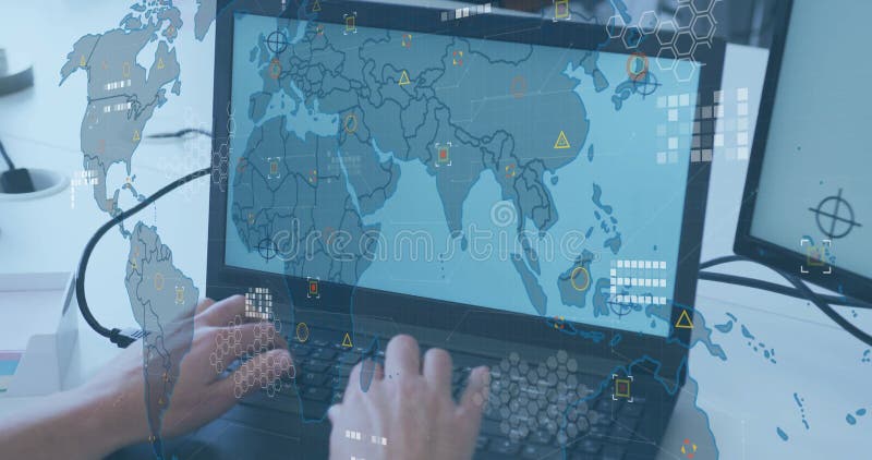 Man Typing Commands On Laptop Initiating World Map Lines And Hex Grids Evolving For Data