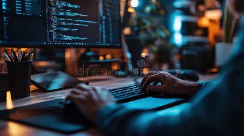 A Man is Typing on a Computer Keyboard in a Dimly Lit Room, the Room is ...