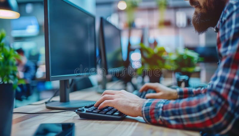 A Man Is Typing On A Computer Keyboard In Front Of A Computer Monitor