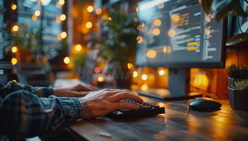A Man Is Typing On A Computer Keyboard In Front Of A Computer Monitor