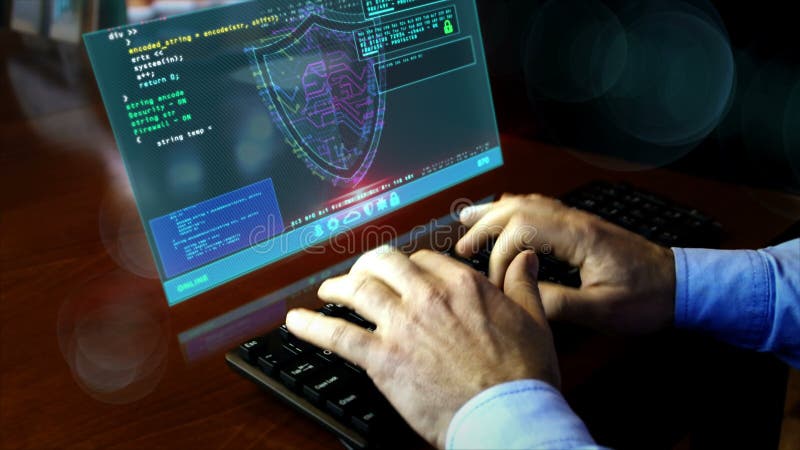 Man Typing on Keyboard with Security Shield Symbol Hologram Screen ...
