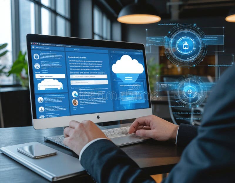 A Man is Typing on a Computer Monitor with a Cloud on the Screen Stock ...