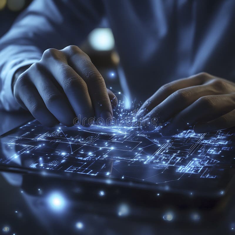 Man Typing on Futuristic Touchscreen with Holographic Interface in Blue ...