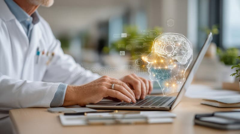 A Man Typing on His Laptop with a Bright Brain Graphic Symbolizing ...