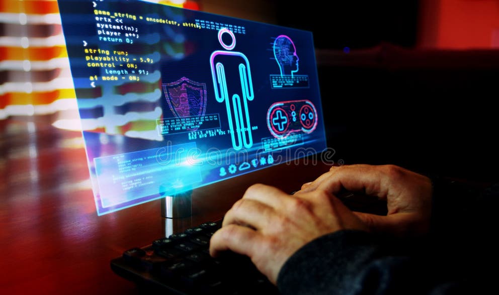 Man Typing on Keyboard with Game Creating on Hologram Screen Stock Image - Image of hologram ...