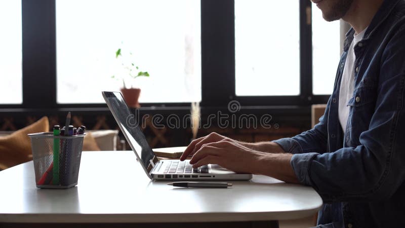 Man Typing on Keyboard of Laptop. Side View. Stock Video - Video of ...