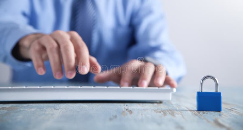 Padlock on the Desk. Man Standing in Office Stock Photo - Image of ...