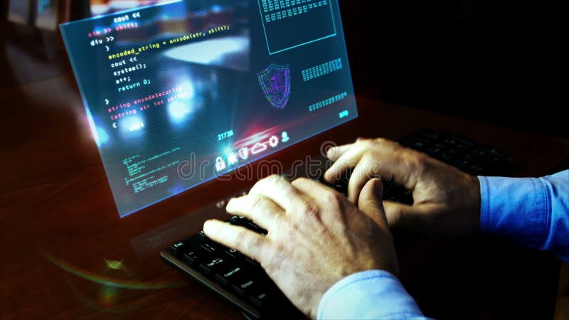 Man Typing On Keyboard With Program Code On Virtual Hologram Screen Stock Video Video Of