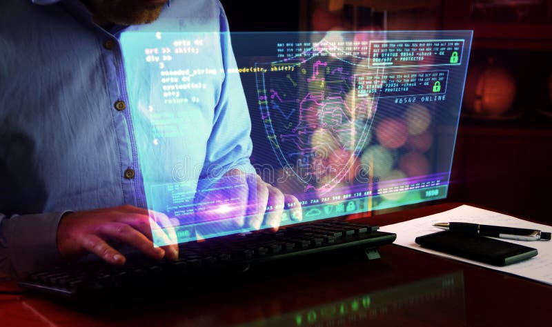 Man Typing On Keyboard With Security Shield Symbol Hologram Screen
