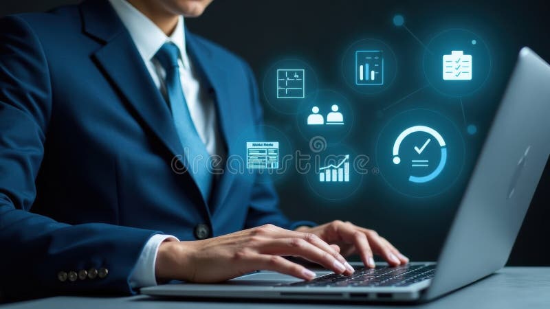 Man Typing Laptop Blue Background Lot Icons Stock Photos - Free ...