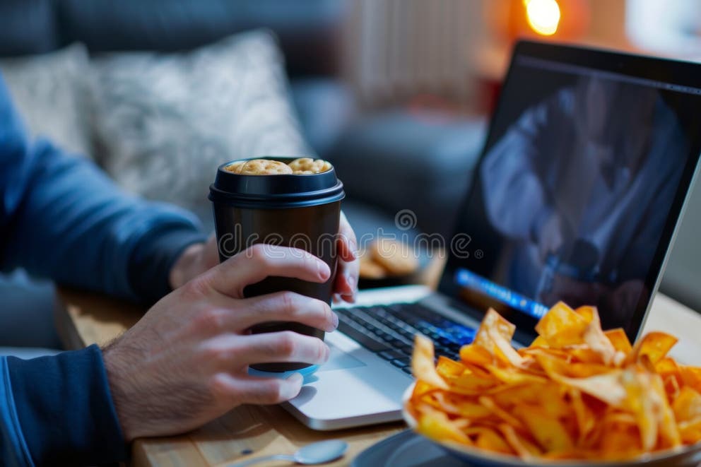 Man Typing on Laptop with Coffee Cup and Snacks beside Him in High ...