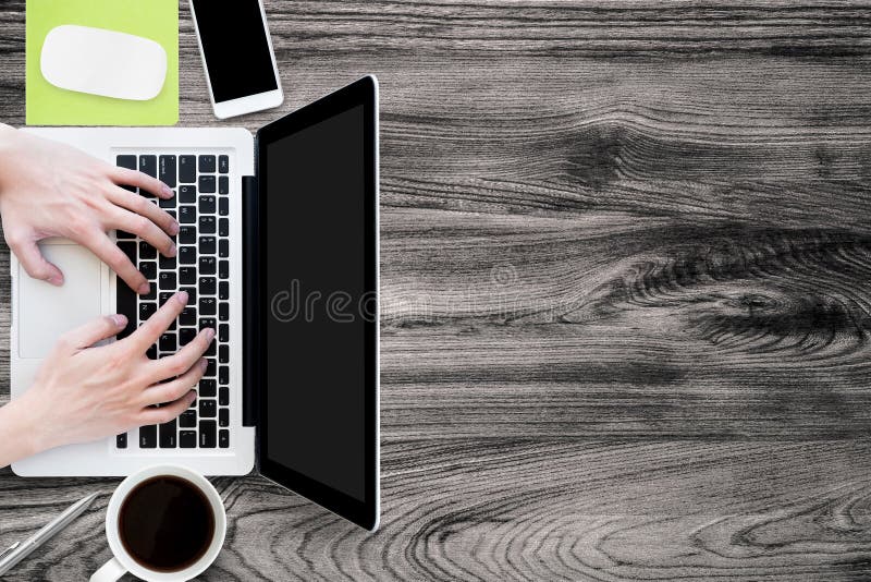 Man is Typing on Laptop Computer. Top View, Flat Lay Stock Photo ...