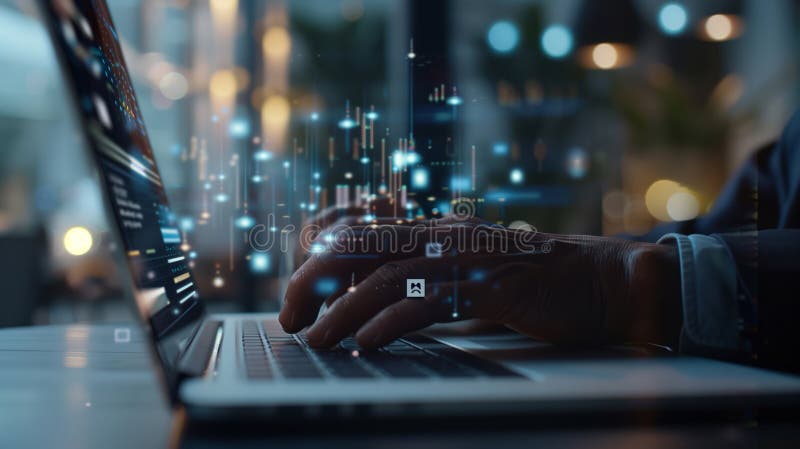 Man Typing on Laptop with Digital Data Stock Photo - Image of computer ...