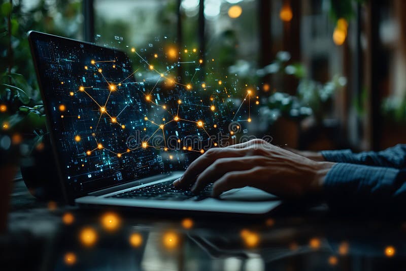 Man Typing on Laptop with Digital Network Overlay, Technology Concept ...