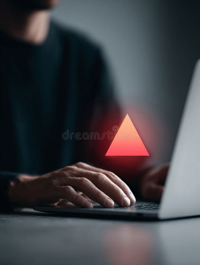 Man Typing on a Laptop with a Glowing Red Triangle Above it. Great for ...