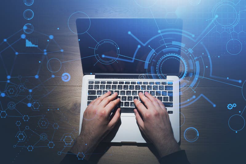 Man Typing on Laptop, Network Interface, Top View Stock Image - Image ...