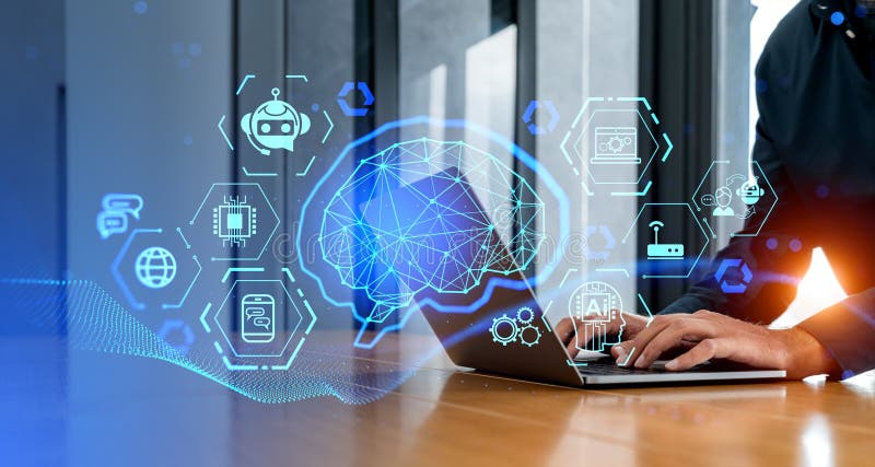 Man Typing on Laptop in Office, AI Interface Stock Image - Image of ...