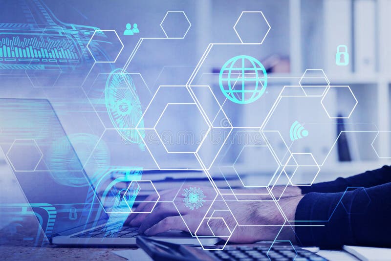 Man Typing in Office, Cyber Security Interface Stock Image - Image of ...