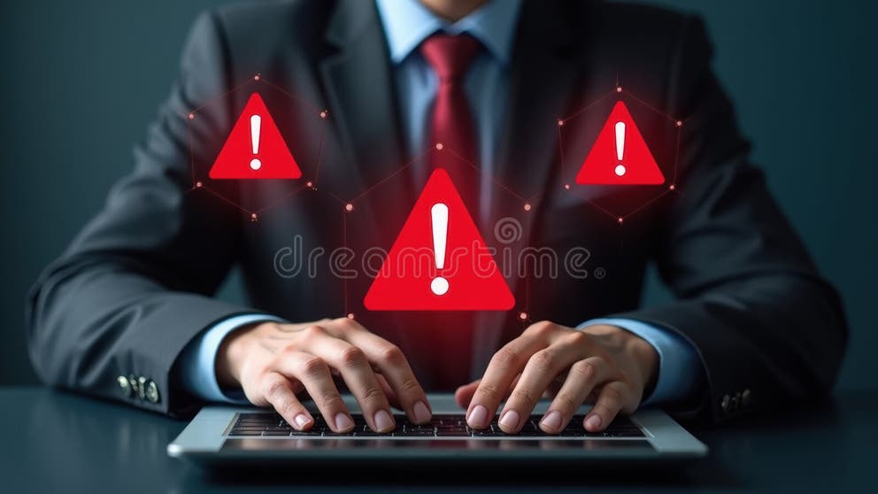 Man is Typing on a Laptop with Three Red Triangles on the Screen Stock ...