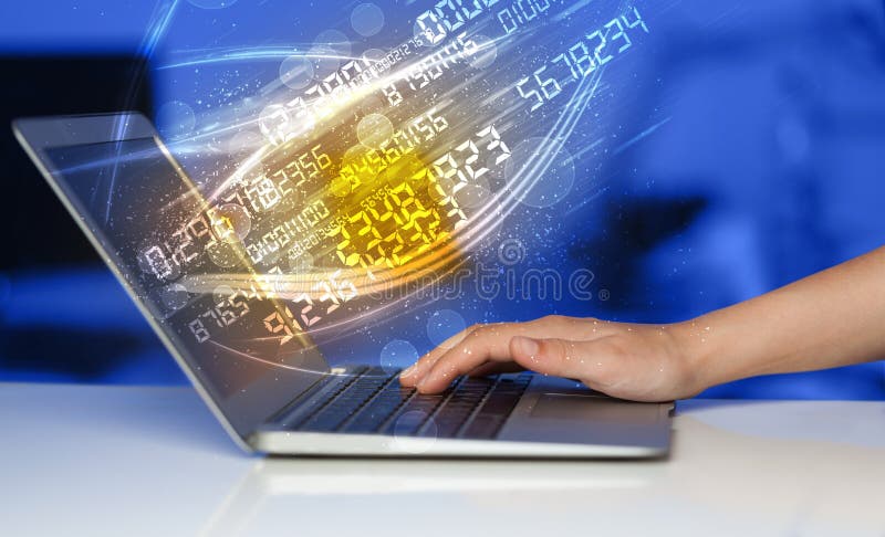 Man Typing on Modern Notebook with Number Technology Data Coming Stock ...