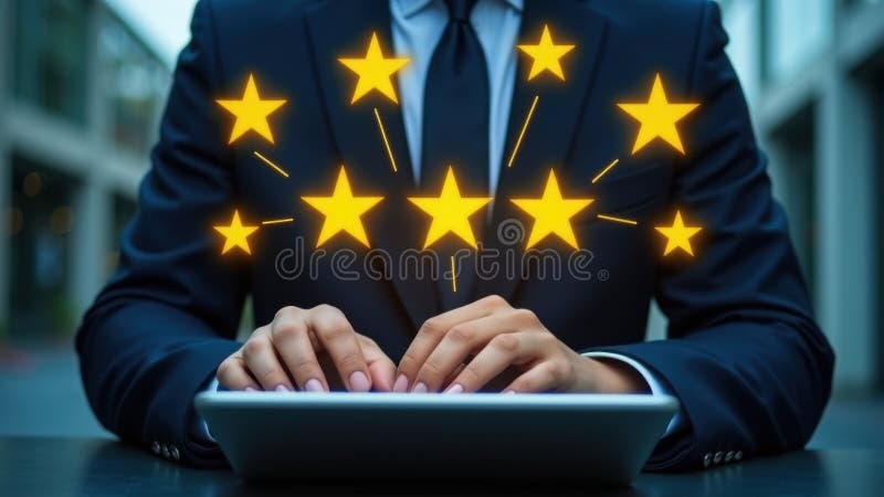 Man is Typing on a Tablet with a Star Pattern Above Him Stock Image ...
