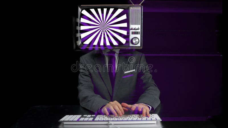 Man Typing with TV on Head Showing Green Screen on the Screen Stock ...