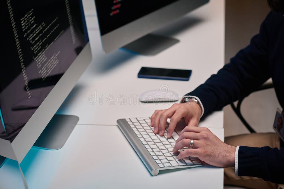 Man Typing Using Computer at Table Stock Image - Image of information ...