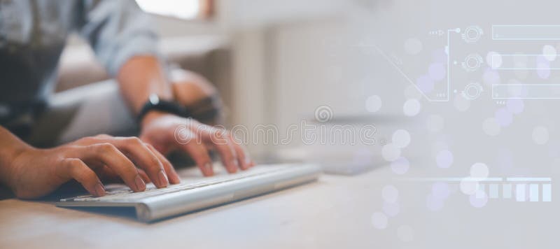 Man Typing on Wireless Keyboard, Sitting on Couch at Home, Working Form ...
